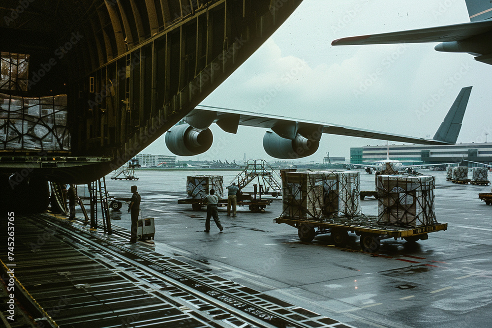 With the airport terminal in the background, a cargo plane is loaded ...