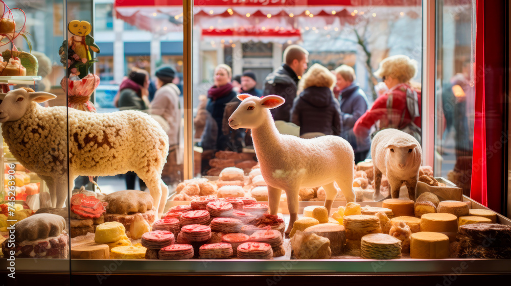 Bakery window showcases sheep figurines amid pastries, blending ...