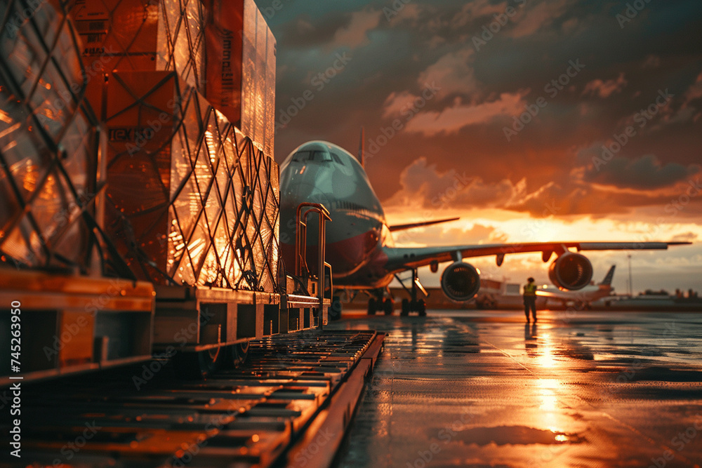 Close-up of cargo being loaded onto the cargo plane, with ground crew ...