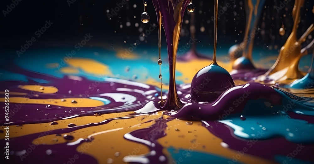 Vivid paint droplets perform a fluid dance on a sleek surface, where ...