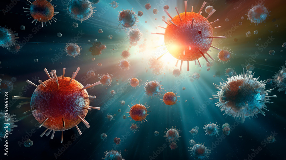 Artistic rendering of viruses in a blue hue simulates a microscopic ...