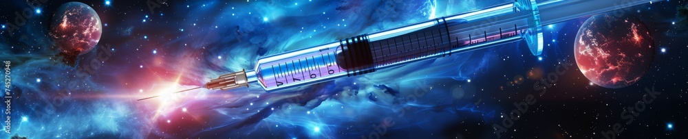 A starship shaped like a syringe, traversing the cosmos, on a mission ...
