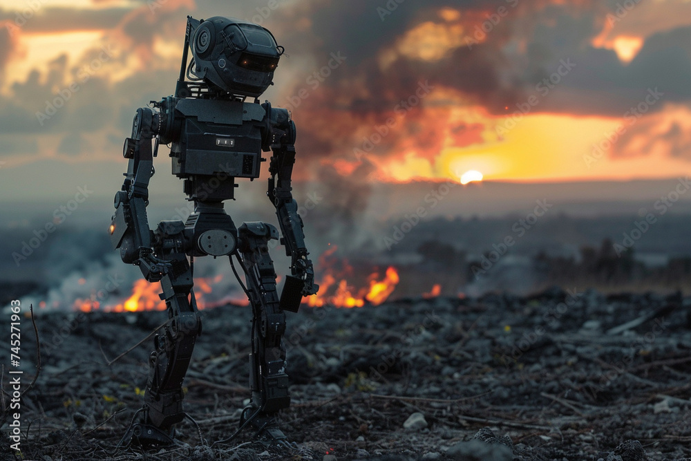 Against the backdrop of a scorched earth, a combat humanoid robot ...