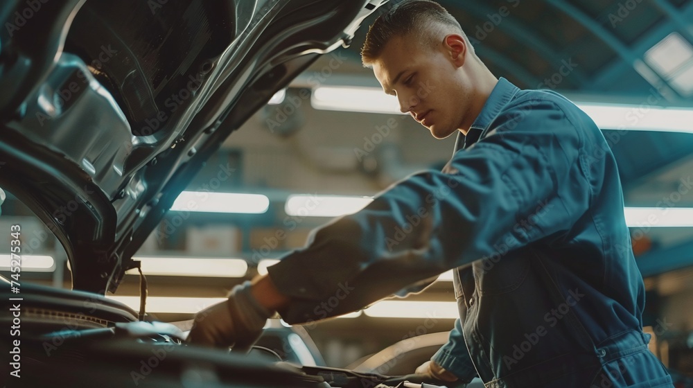meticulous engine diagnosis by a professional mechanic in uniform at a ...