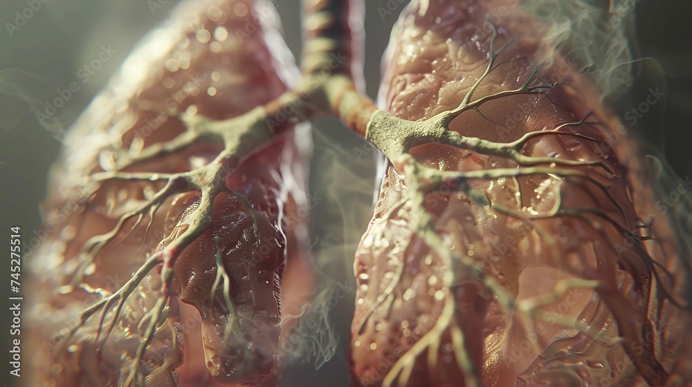 closeup anatomy image of human lungs focusing on the detailed structure ...