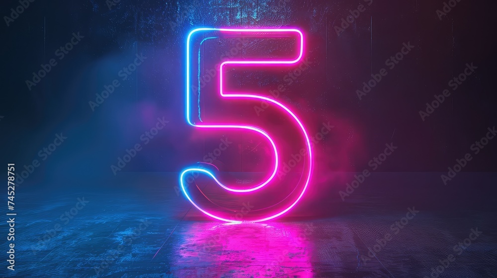 Abstract 3D Render of Glowing Number Five Illuminated in Pink and Blue ...