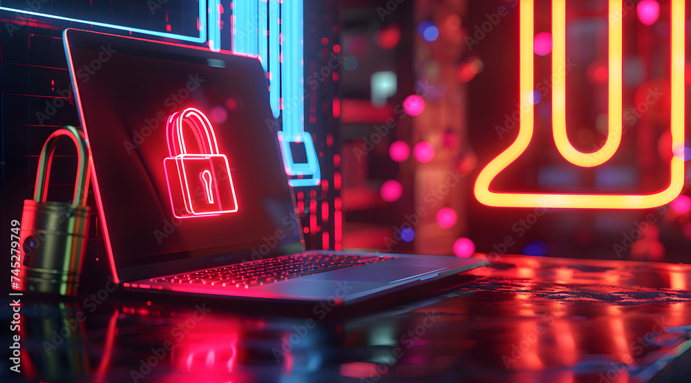 red laptop, shield, lock, cybersecurity, online security, computer ...