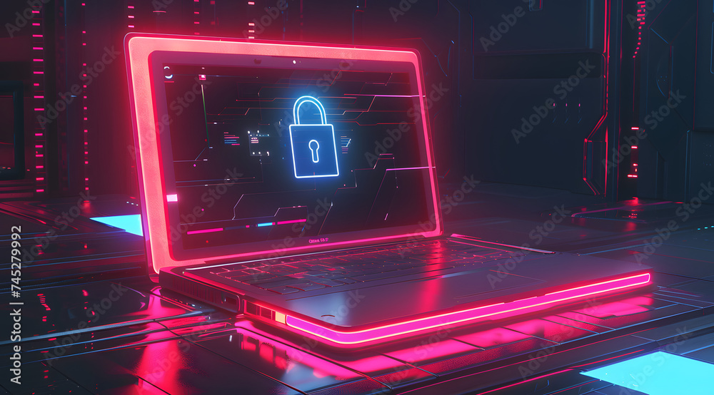 red laptop, shield, lock, cybersecurity, online security, computer ...