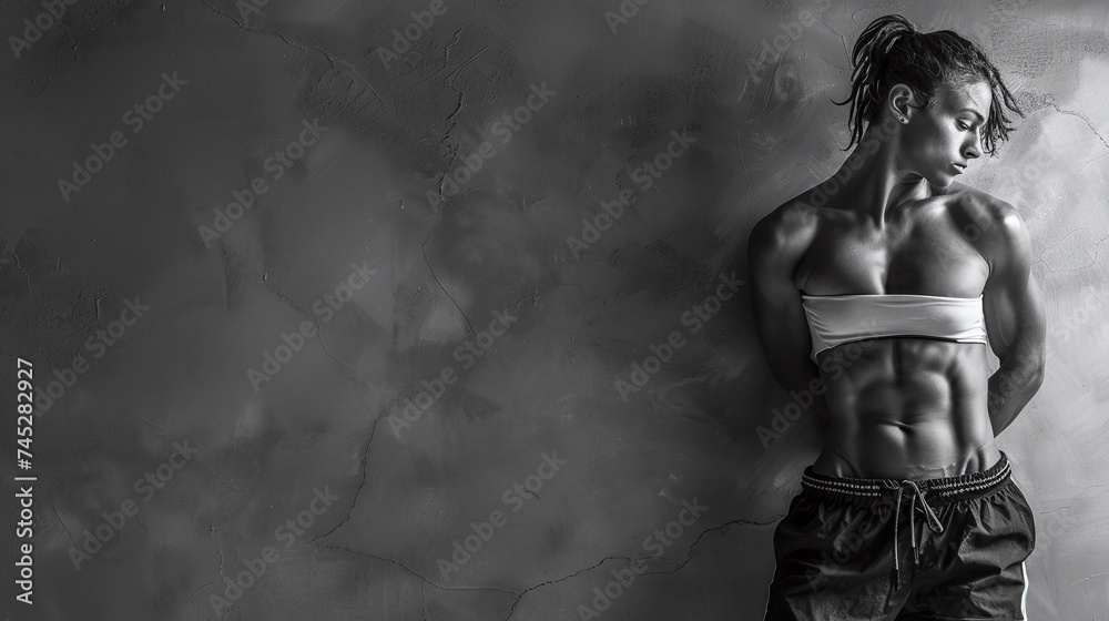 muscular young woman's black and white torso with copy space, inspiring ...