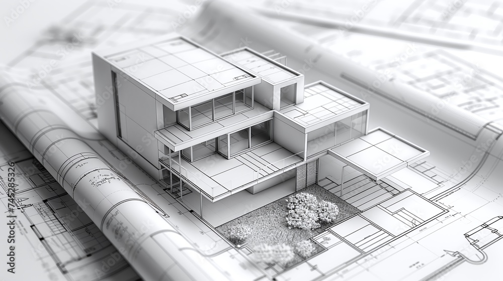residential project concept with model house on blueprint drawings for ...