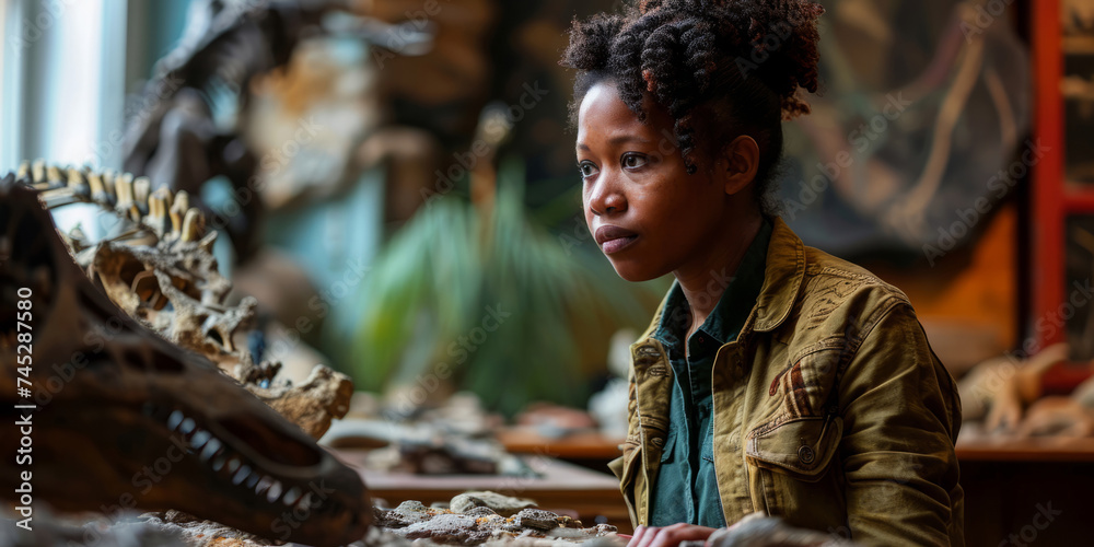 Desert black woman archaeologist studies prehistoric dinosaur fossils ...