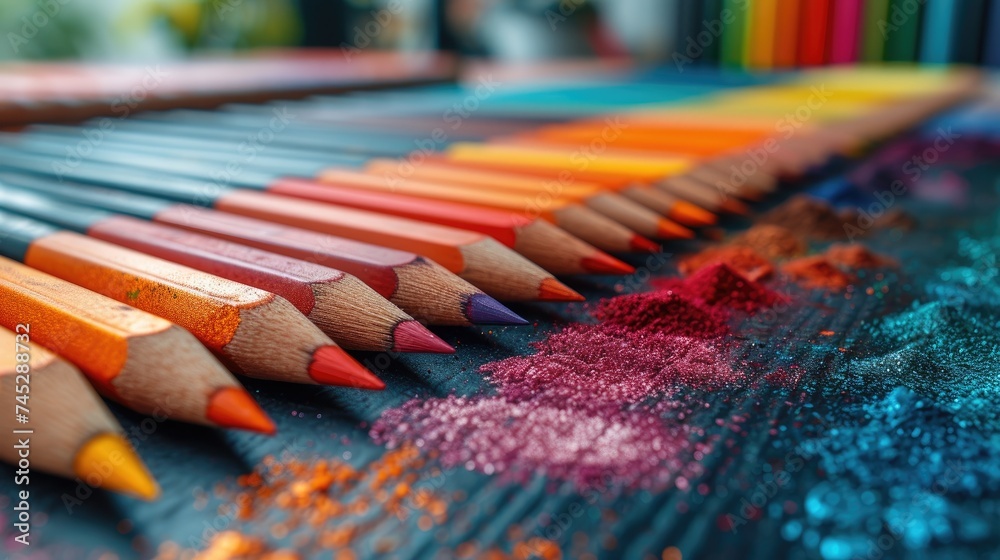 A vibrant display of colored pencils lined up with their shavings ...