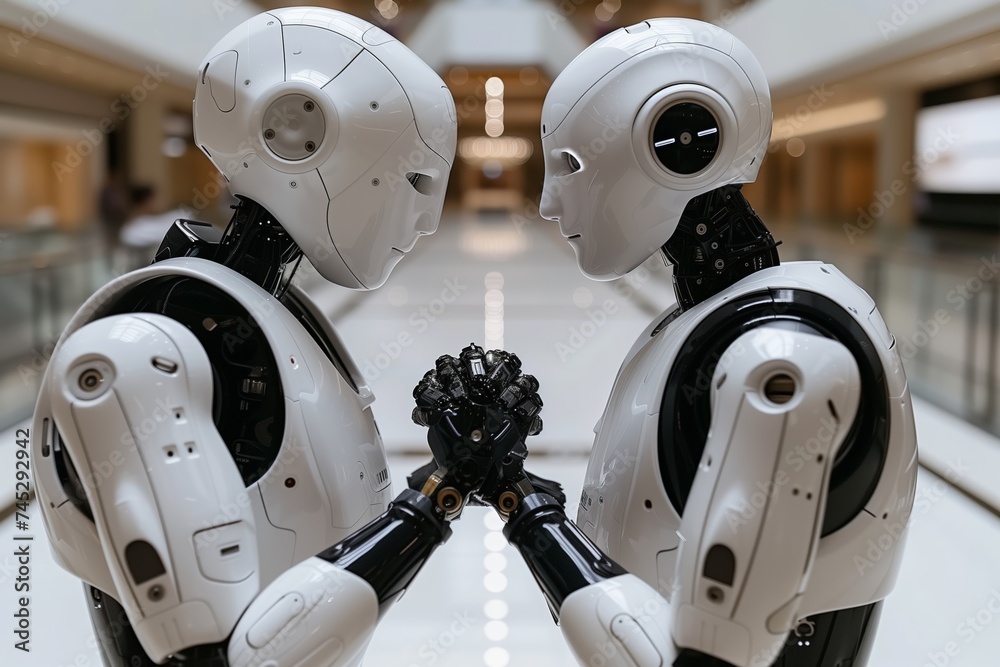 Two humanoid robots with intricate designs join hands, creating a symmetrical image in a ...