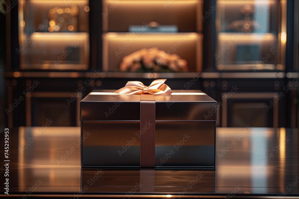 Elegant gift box on a polished surface, with a reflective backdrop ...