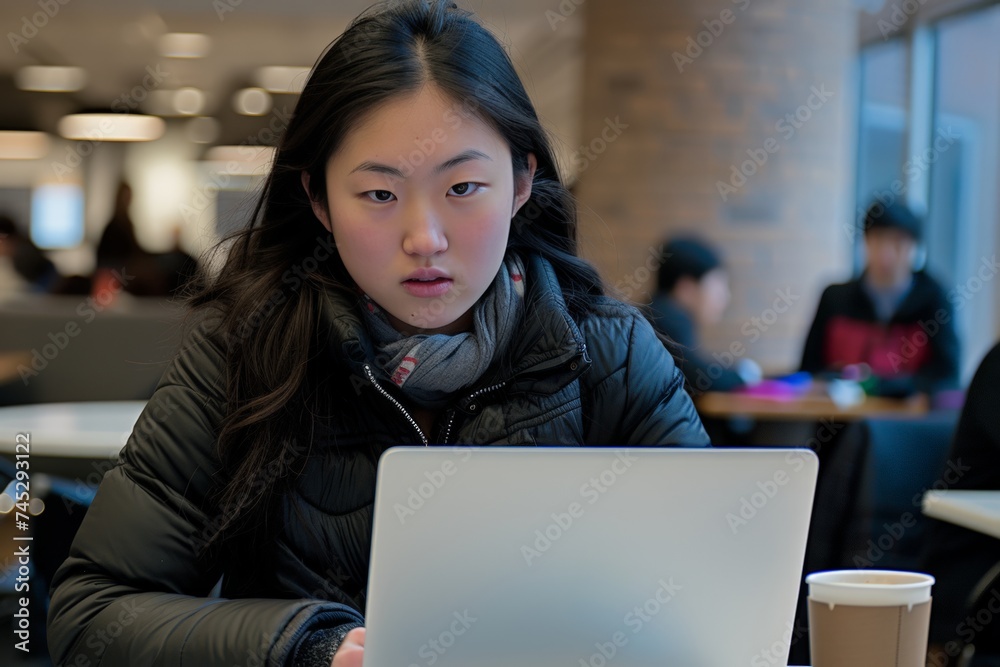 Intense young student delves into her studies on a laptop at a campus ...