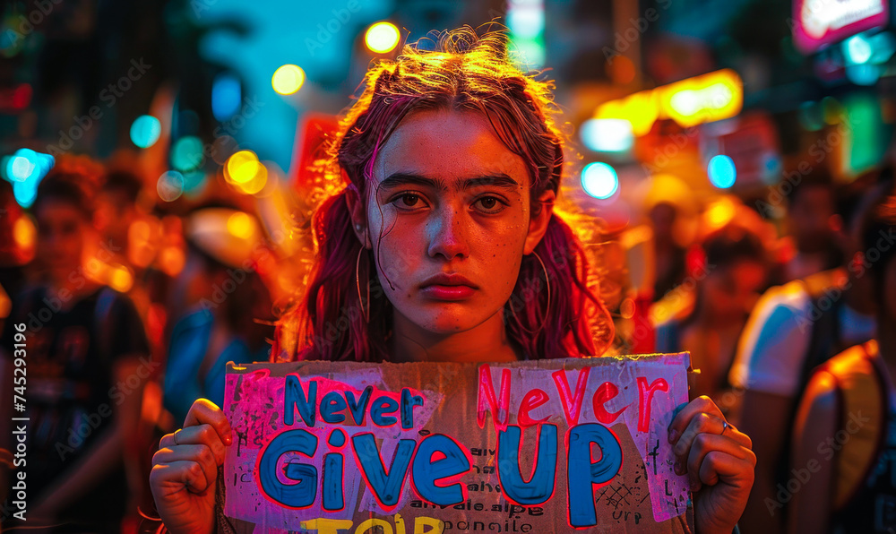 Person holding up a handmade sign with the inspirational slogan Never ...