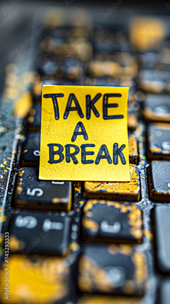 Yellow sticky note with TAKE A BREAK handwritten message on a laptop ...