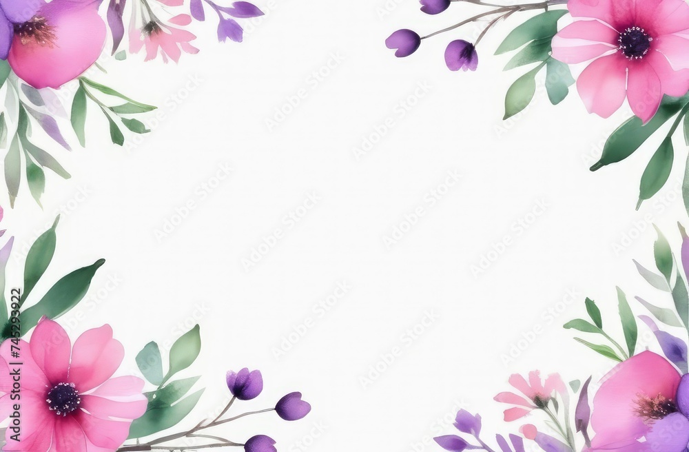 Watercolor border frame with pink purple flowers isolated on white ...