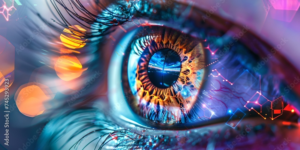 Vivid blue human eye close-up with abstract lighting effects. digital ...