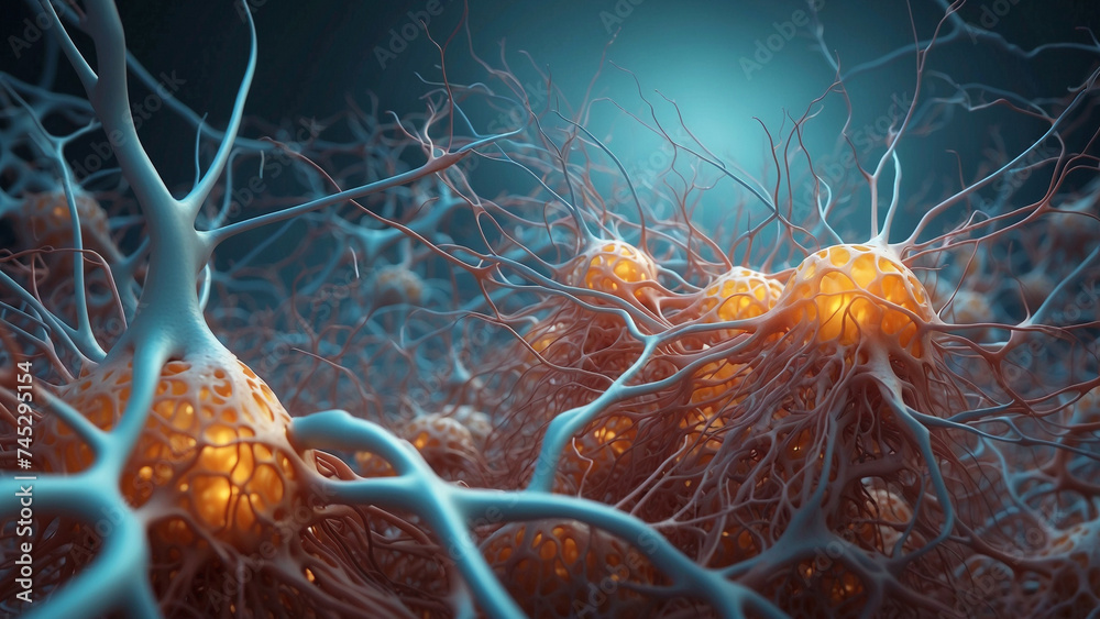 Red de neuronas interconectadas con sinapsis destacadas en detalle ...