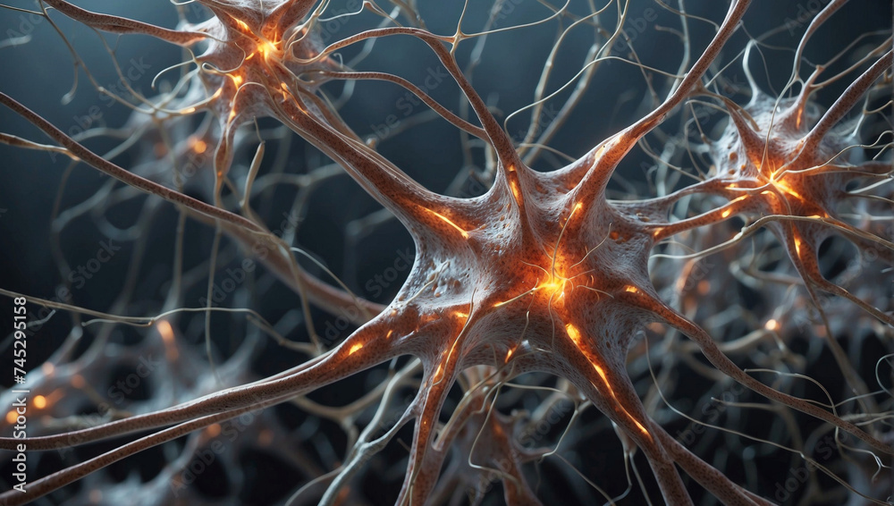 Red de neuronas interconectadas con sinapsis destacadas en detalle ...