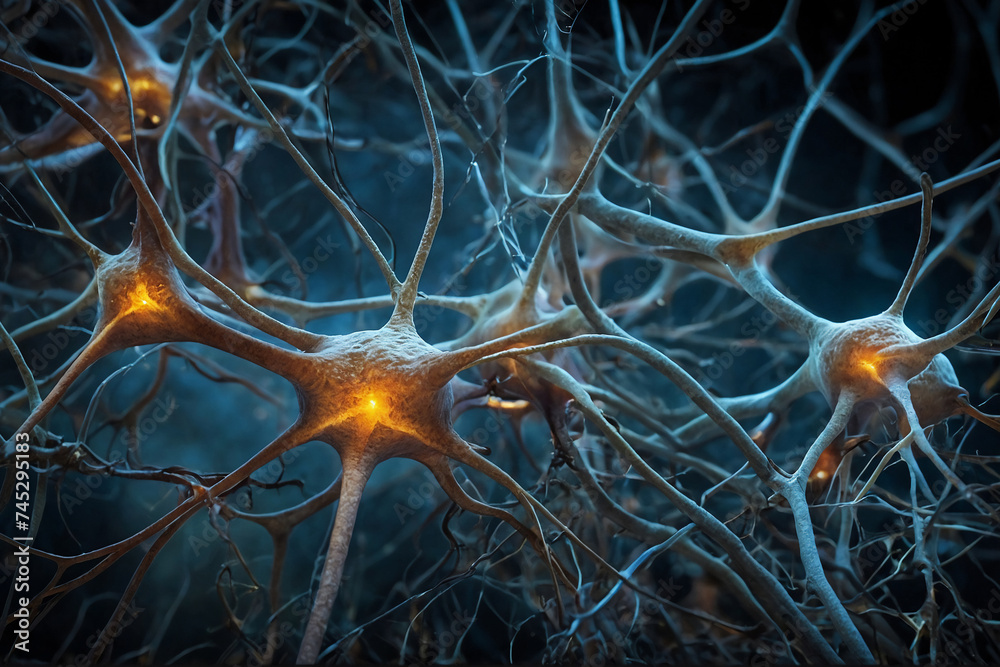 Red de neuronas interconectadas con sinapsis destacadas en detalle ...