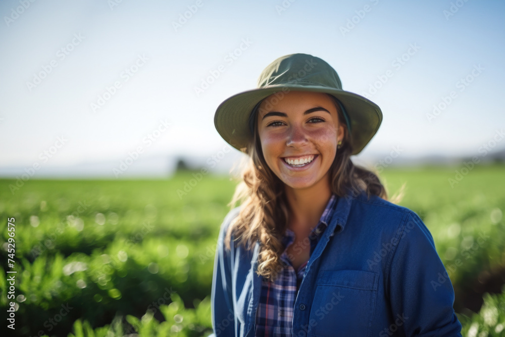 Joyful female farmer in green field. Radiant smiling woman with hat in ...