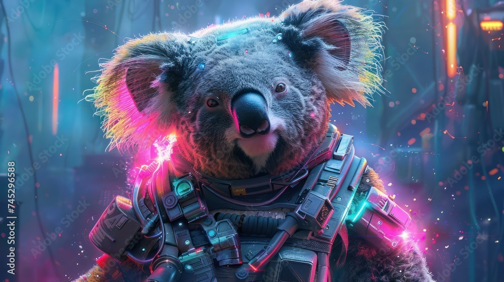 A koala in a cutting edge military suit radiating neon light poised for ...