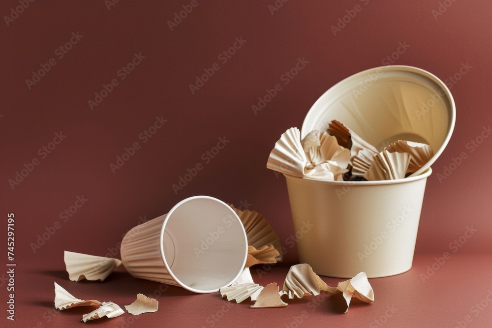 Minimalist composition of paper coffee cups and lids spilling out ...