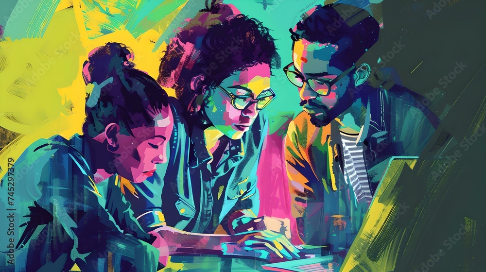 Vibrant group studying together, artistic digital illustration of ...