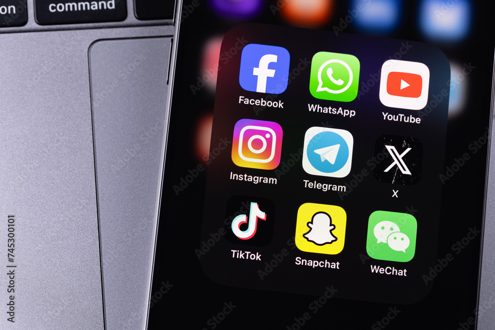 mobile apps close up Facebook, WhatsApp, YouTube, Instagram, Telegram ...