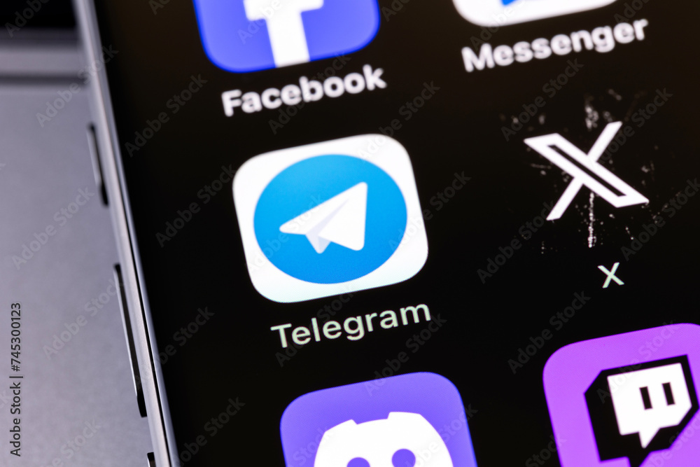 Telegram, mobile icon app on a screen smartphone iPhone close up ...