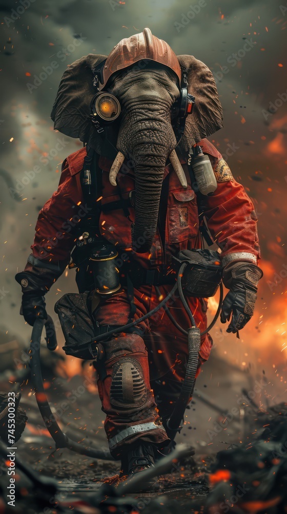 An elephant in a firefighter suit equipped with firefighting gear ...