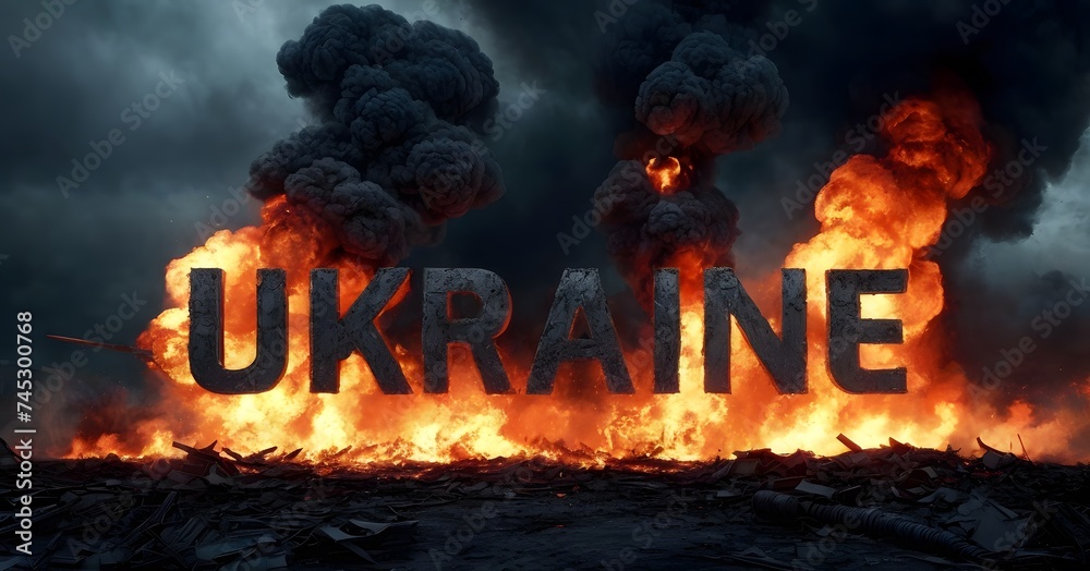 The word 'UKRAINE' emerges from the flames and debris, a stark symbol ...