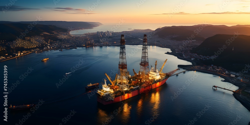 Aerial view of an offshore oil rig at sunset extracting fuel. Concept ...