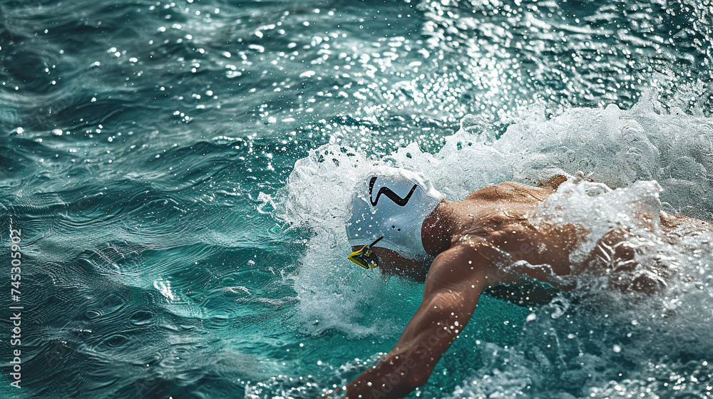An Athlete Swimmer Blue Water In Middle Of Stroke Water Splashing