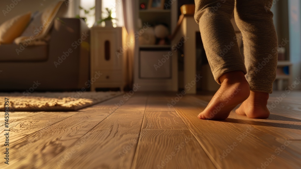 Baby feet doing the first steps. Baby's first steps. Child's bare feet ...