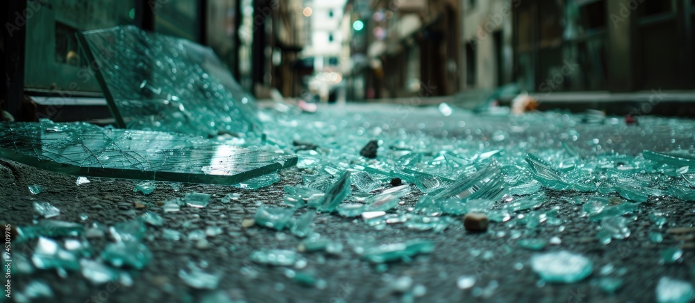 A broken laptop computer is sitting on top of a shattered street ...