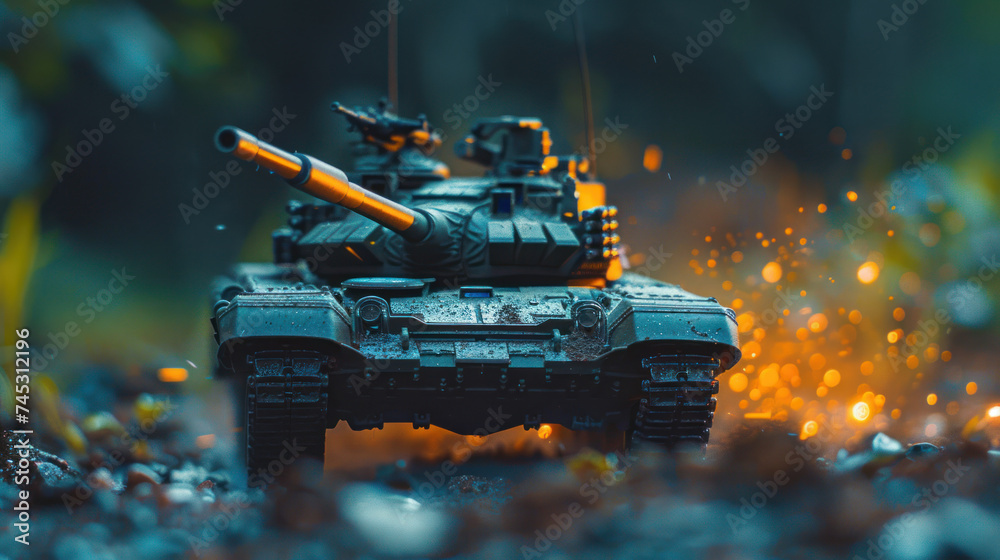 Tank fighting on the battlefield have lights shooting out of their gun ...