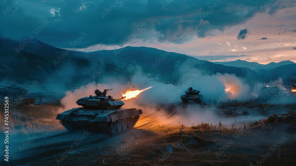 Tank fighting on the battlefield have lights shooting out of their gun ...