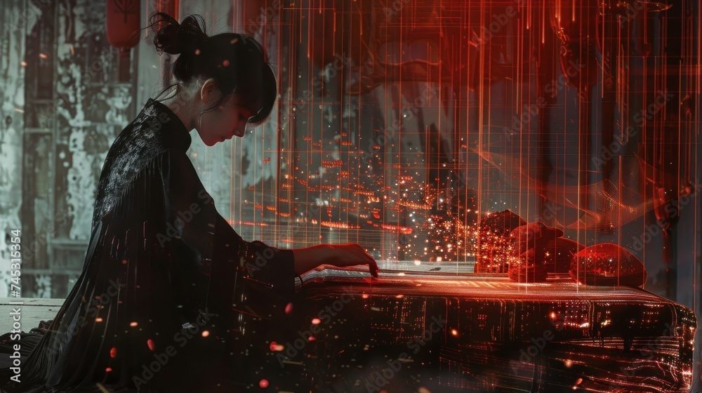 An emo witch weaving textiles with patterns inspired by black holes ...