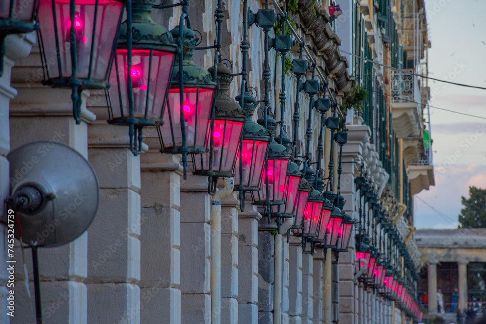 Holy week, Liston promenade, Esplanade, Violet lanterns, Corfu, Greece ...