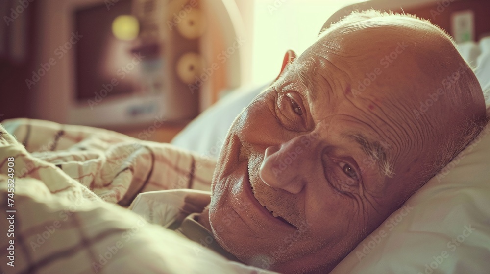 closeup of a smiling cancer patient with bald hairs in hospital bed ...