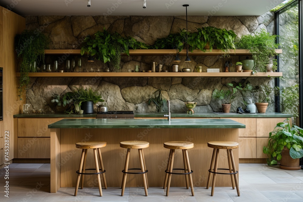 Green Oasis: Biophilic Kitchen Design with Wooden Cabinets, Stone ...