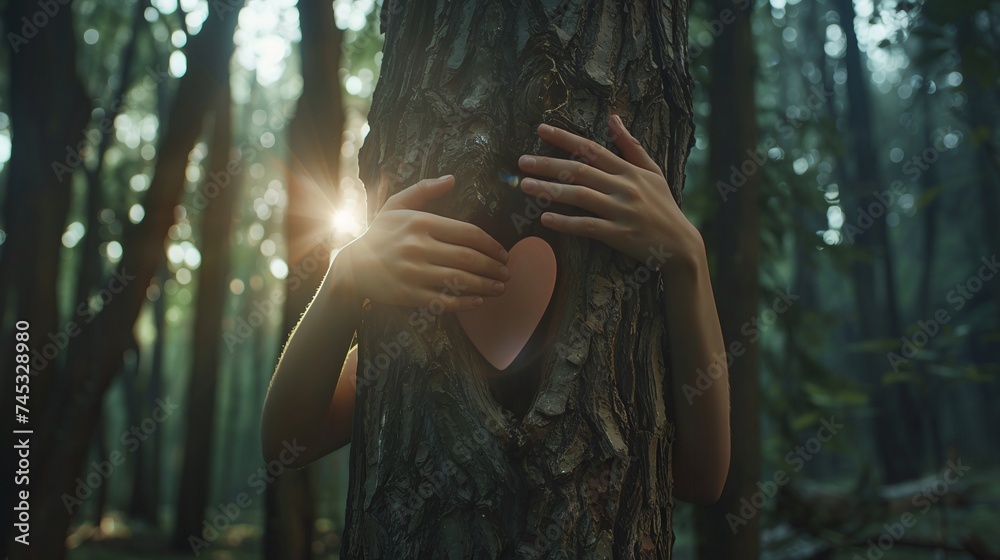 young woman embraces tree with hands, expressing love for nature with ...