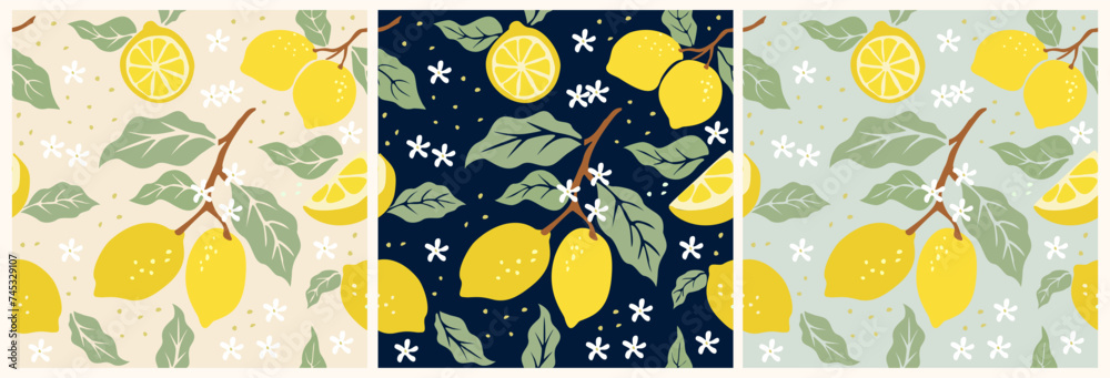 Seamless Lemon pattern with tropic fruits, leaves, flowers. Fruit ...