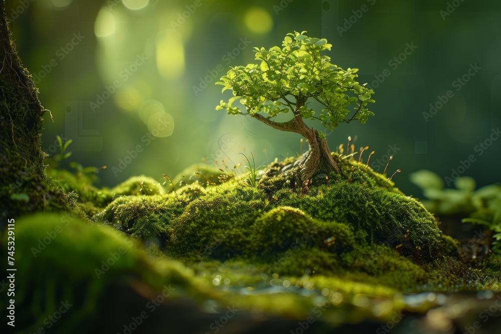 Enchanted Miniature Bonsai Tree in Mystical Forest A magical scene of a miniature bonsai tree ...