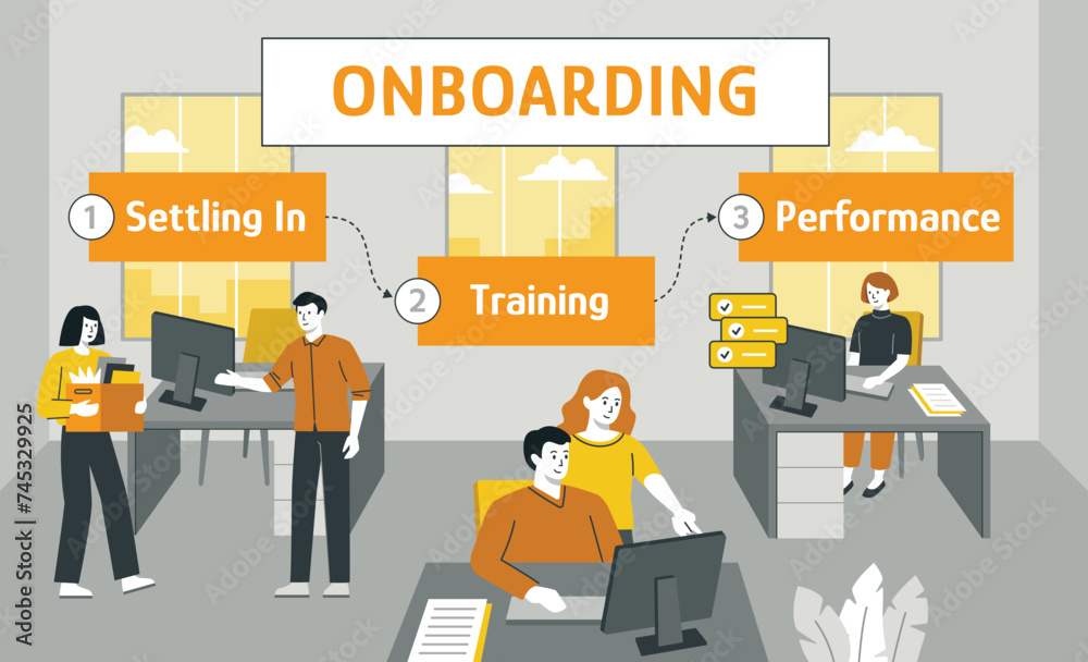 Onboarding process vector illustration. Integrating a new employee into ...
