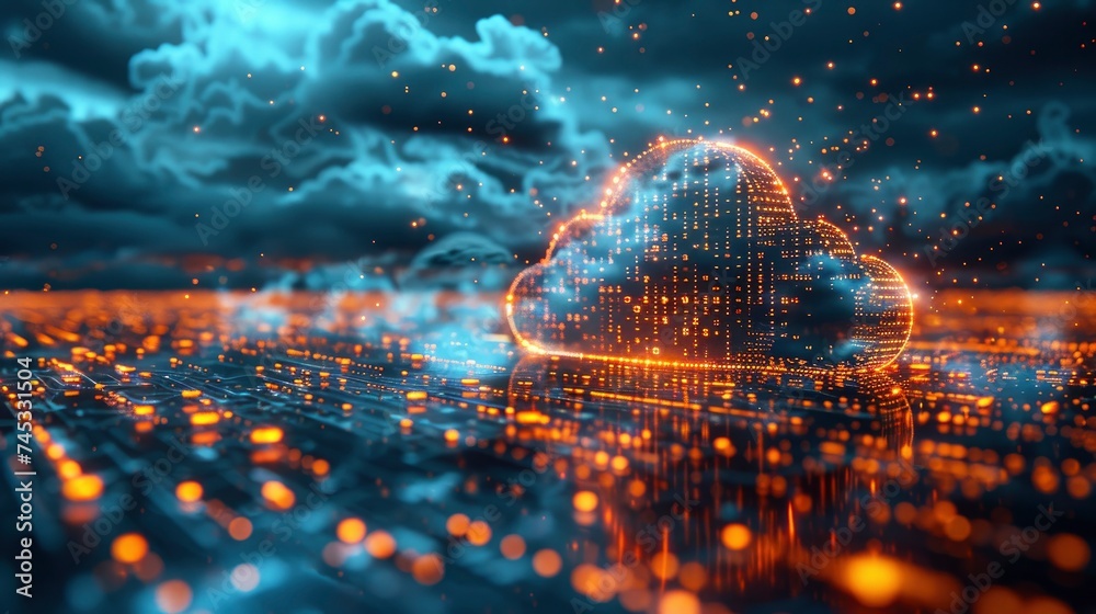 Futuristic Digital Technology, Holographic Cloud Icon, Blue-Golden Light Digits, and Code ...