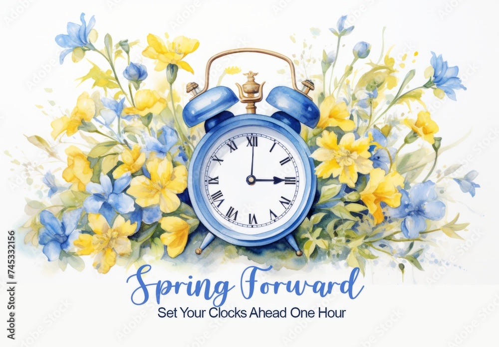 Daylight saving time begins banner. Spring forward reminder card with ...